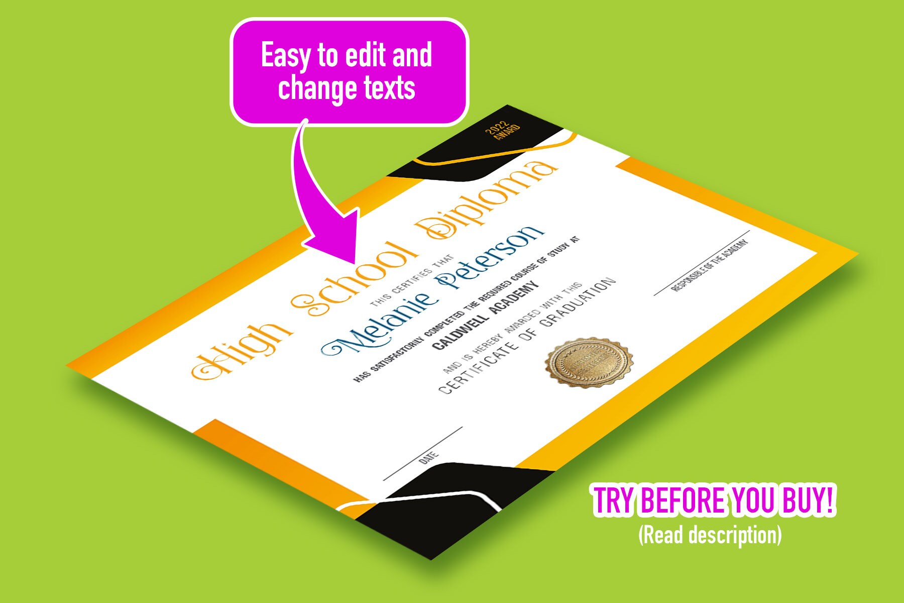 Customizable Diploma Template – High School, College (instant Download ...