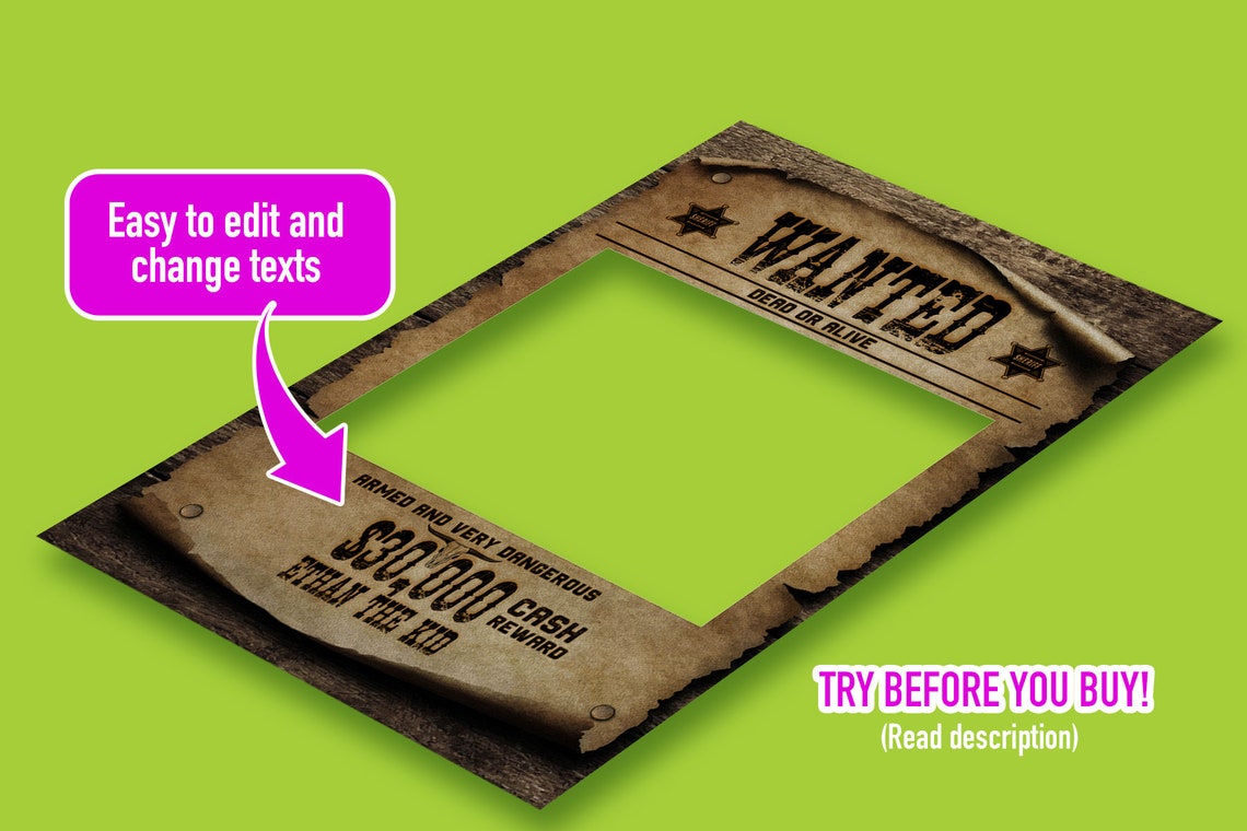 Wanted Photo Booth Frame Birthday Template XXL, Rewards Photobooth Prop ...