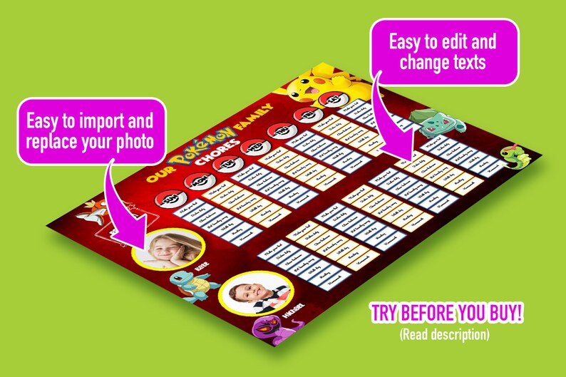 Pokemon Chore Chart Template Printable Editable Weekly Family - Etsy