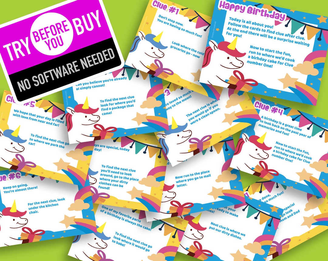 Birthday Scavenger Hunt Clues Unicorn Template, Treasure Hunt Kids ...
