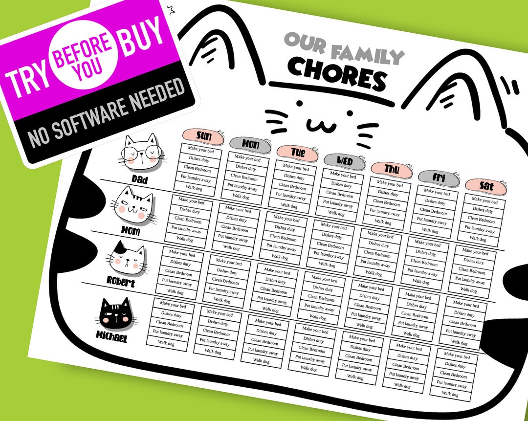 Chore Chart for Kids Template, Printable Editable Weekly Family Chore ...