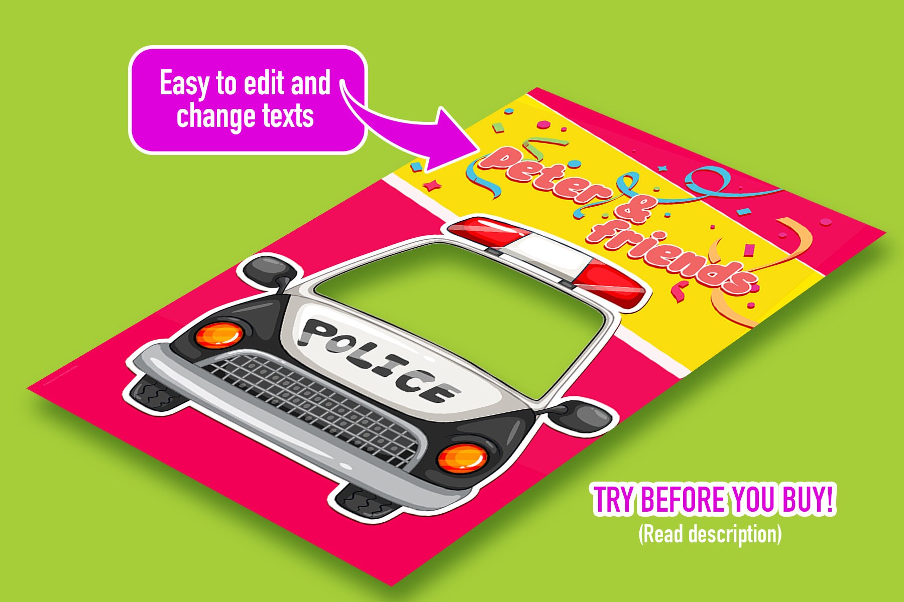 Police Car Photo Booth Frame, Cop Driver Selfie Travel Birthday ...