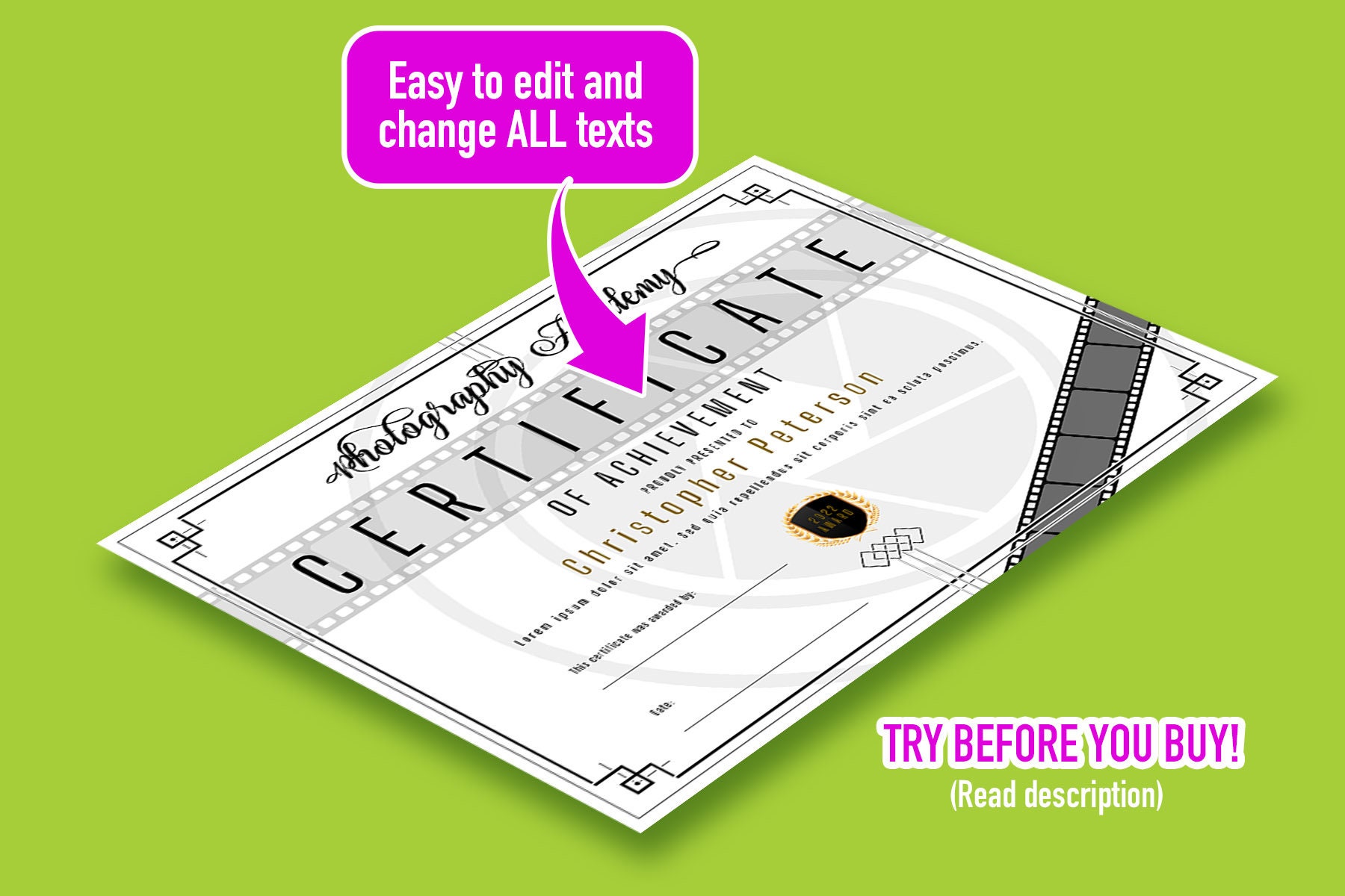 Photography DIPLOMA Template Photographer CERTIFICATE DIY Printable ...