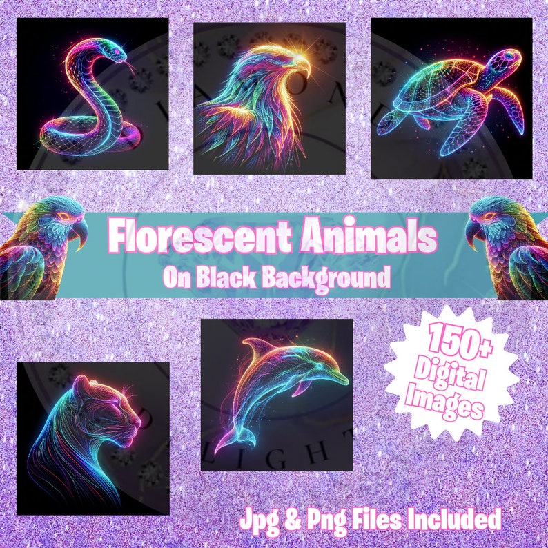 Fluorescent Animals Digital Designs: 150+ PNG Bundle (digital Download ...