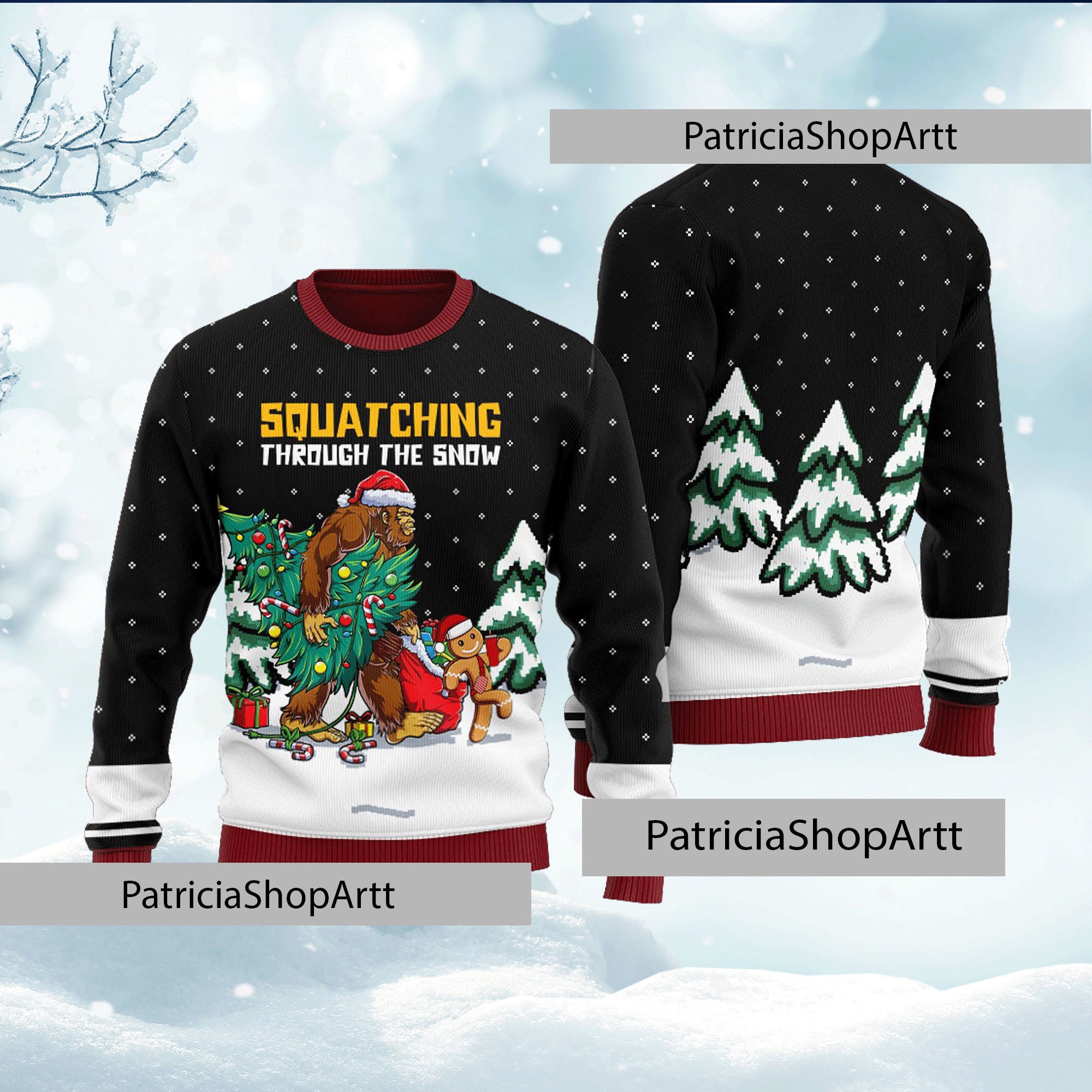 Squatching Throw The Snow Sweater, Christmas BigFoot Ugly Sweater ...