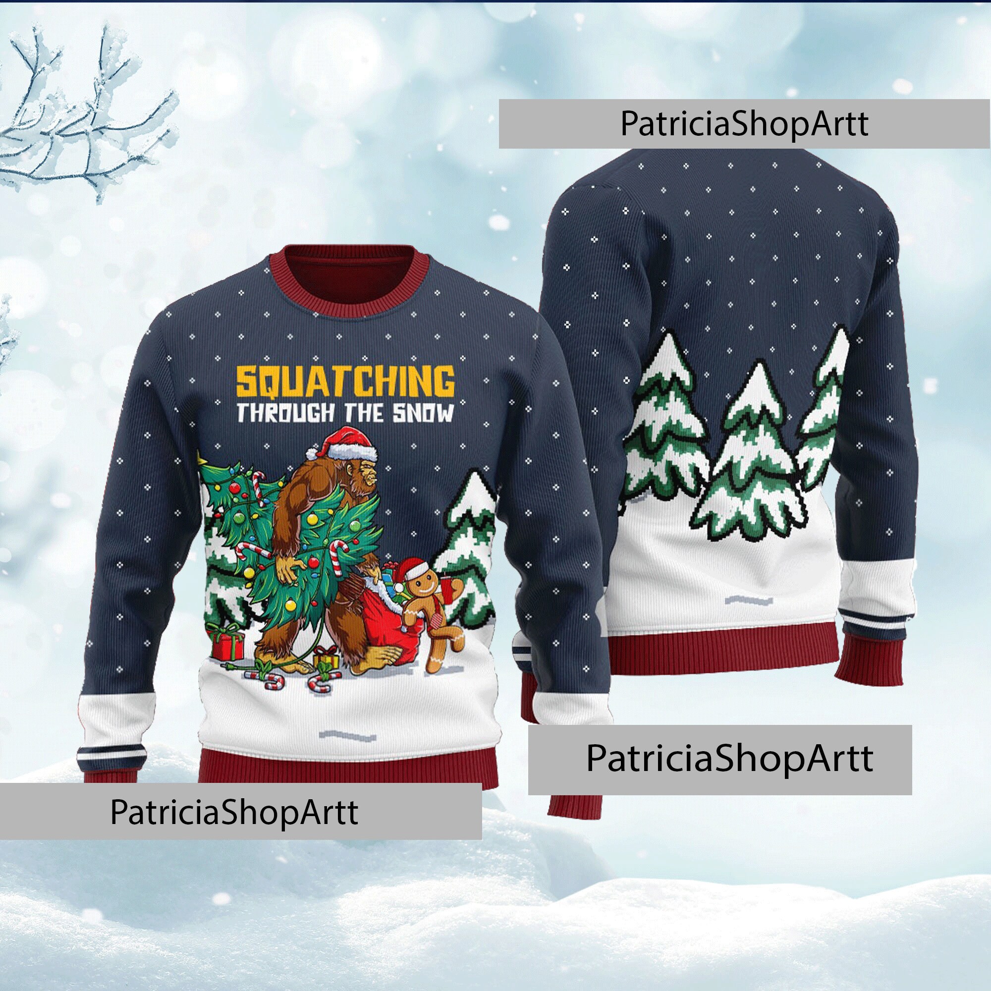 Squatching Throw The Snow Sweater, Christmas BigFoot Ugly Sweater ...