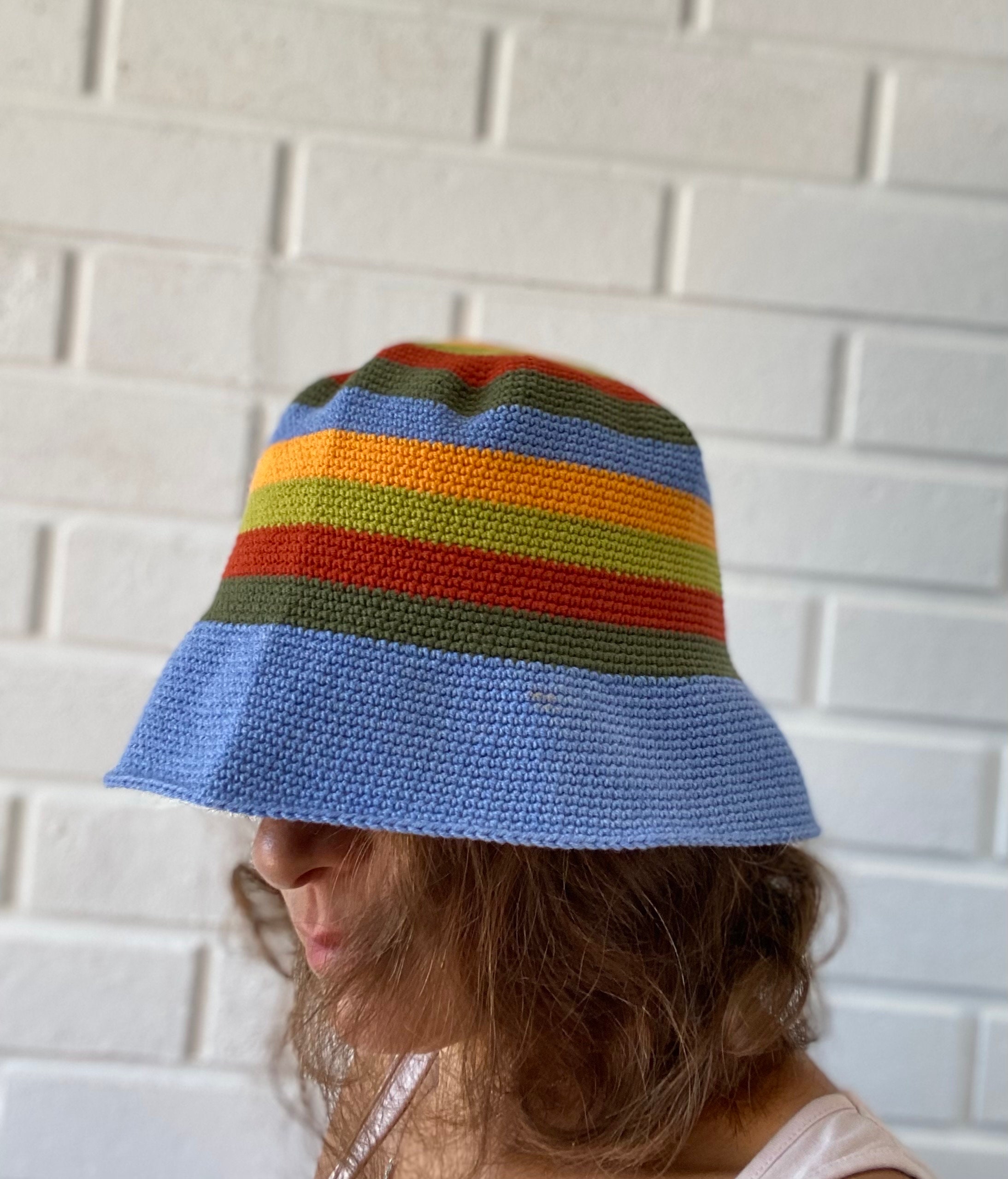 Crochet Large Bucket Hat, Crochet Summer Hat With Stripes, Women Cloche ...