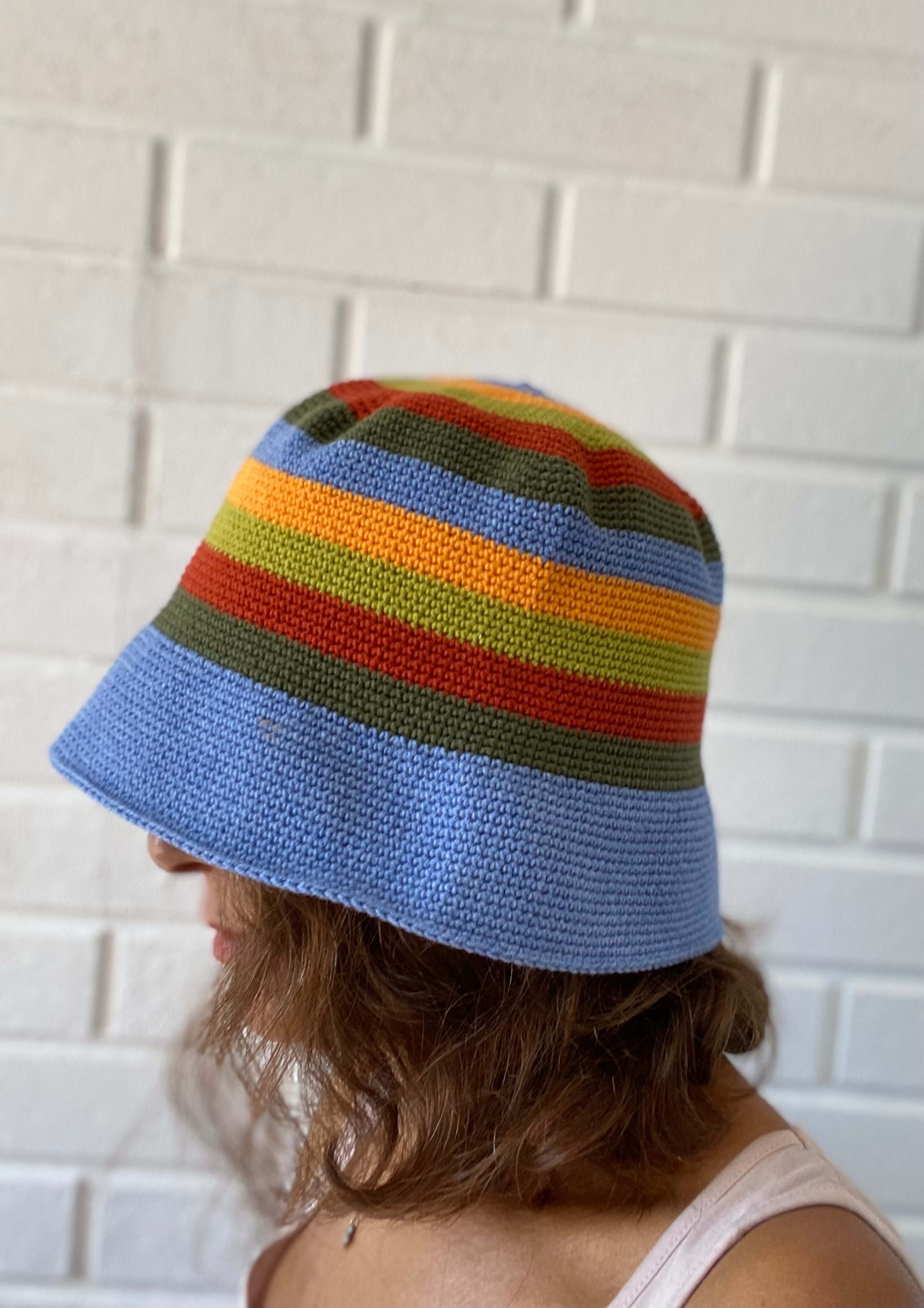 Crochet Large Bucket Hat, Crochet Summer Hat With Stripes, Women Cloche ...