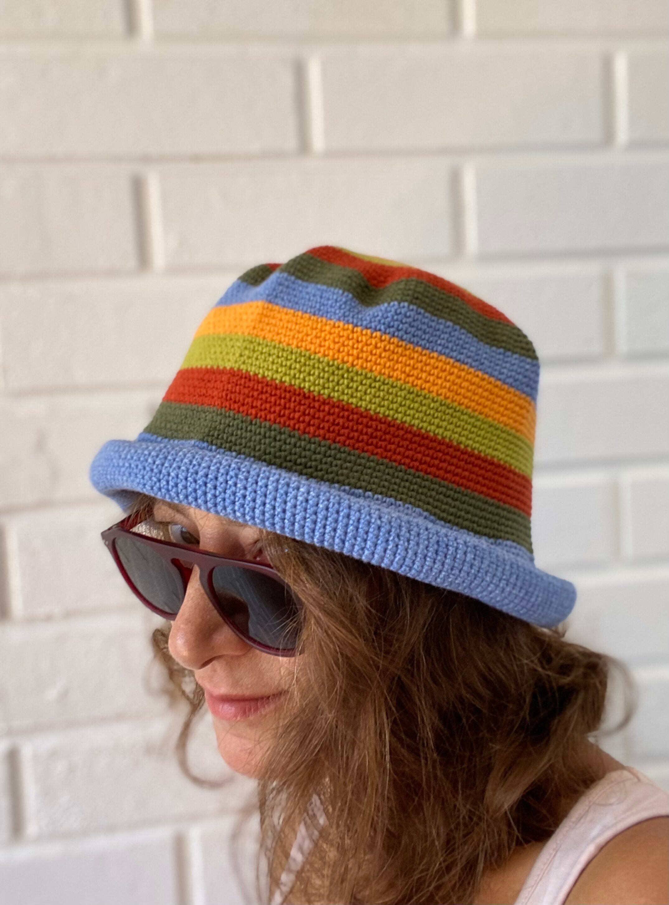 Crochet Large Bucket Hat, Crochet Summer Hat With Stripes, Women Cloche ...