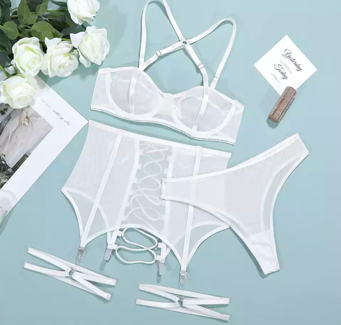 Sexy Red Sheer Satin Lingerie 4-piece Lingerie Set Sheer Bra - Etsy