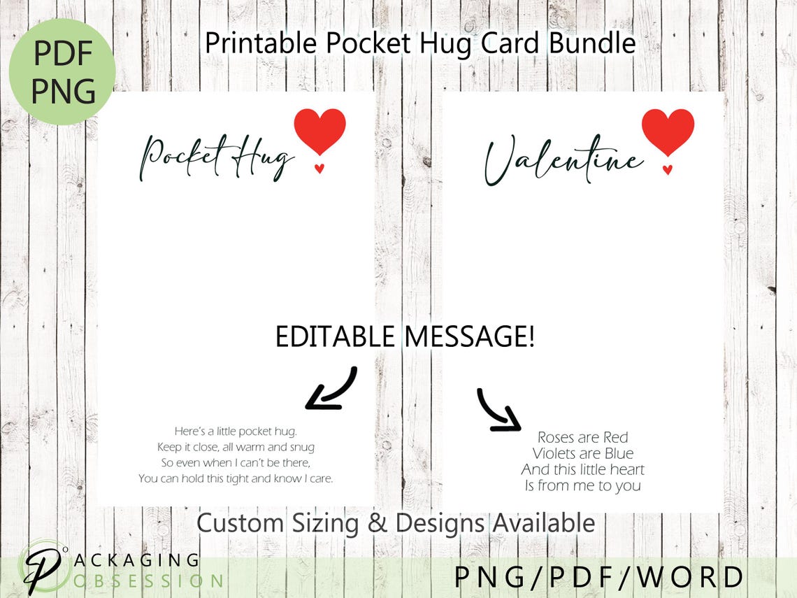 Pocket Hug Card Printable, Custom Display Cards PDF, Printed Backing ...