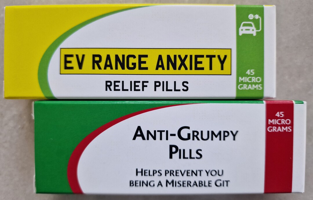 Joke Prank Pills Range Anxiety EV Electric Vehicle and a Grumpy Joke ...