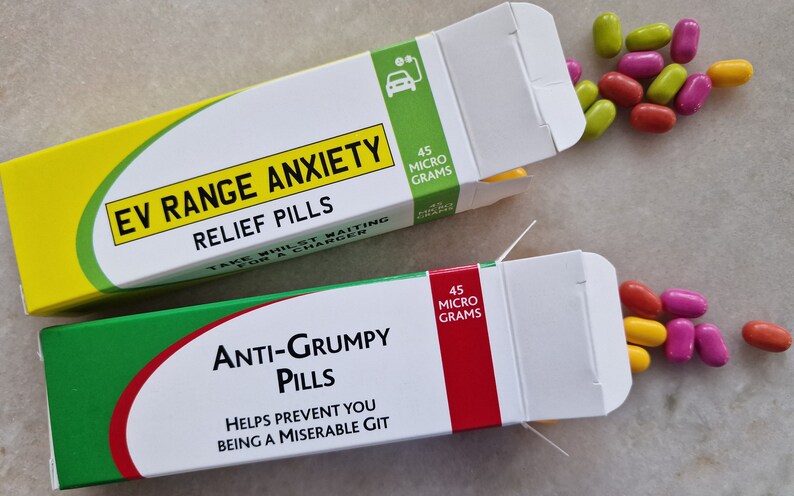 Joke Prank Pills Range Anxiety EV Electric Vehicle and a Grumpy Joke ...