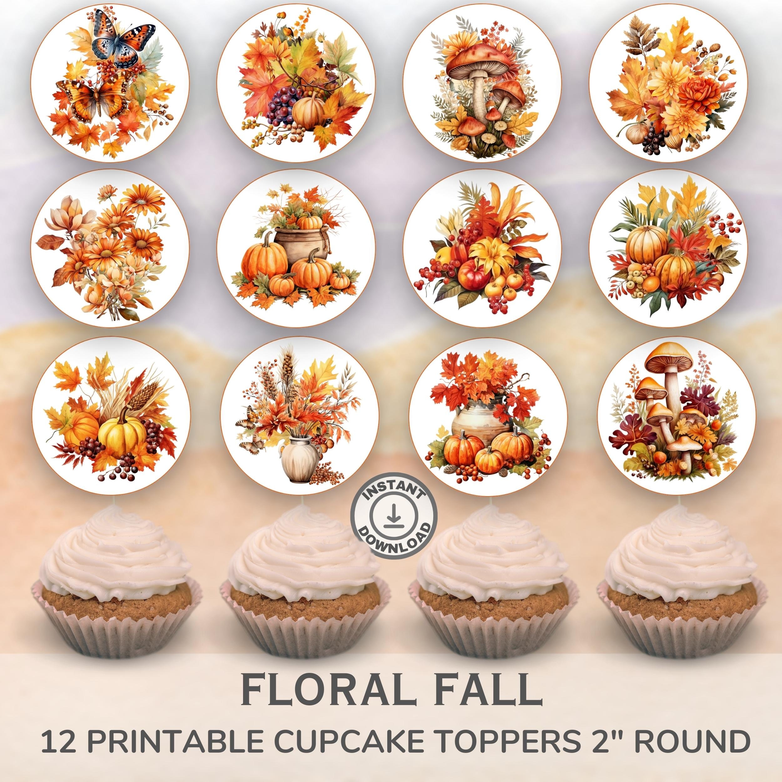 Printable Floral Fall Cupcake Toppers. Set of 12 Fun Designs. Perfect ...