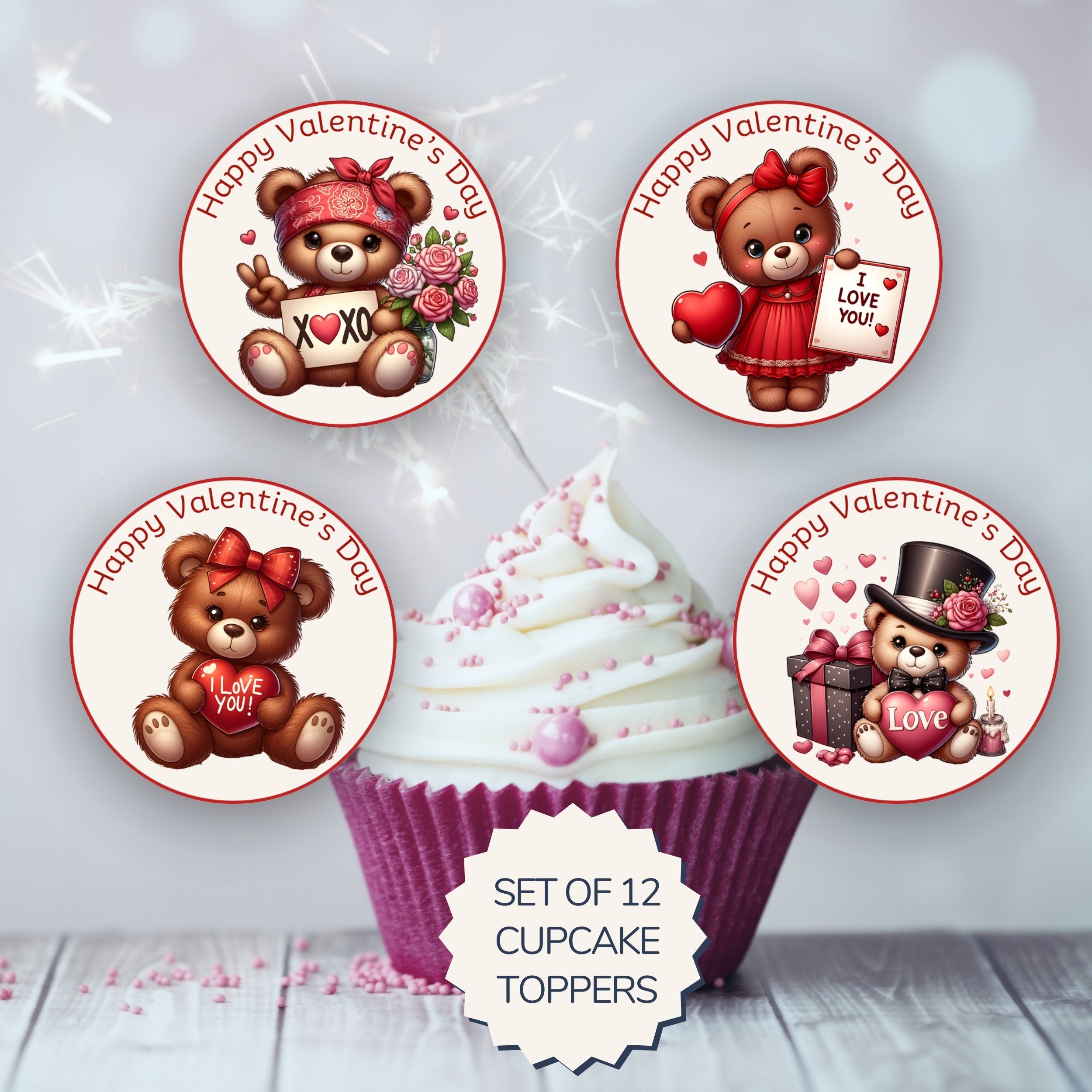 Valentine's Day Cupcake Toppers Printable. Set of 12 Fun Designs. Happy ...