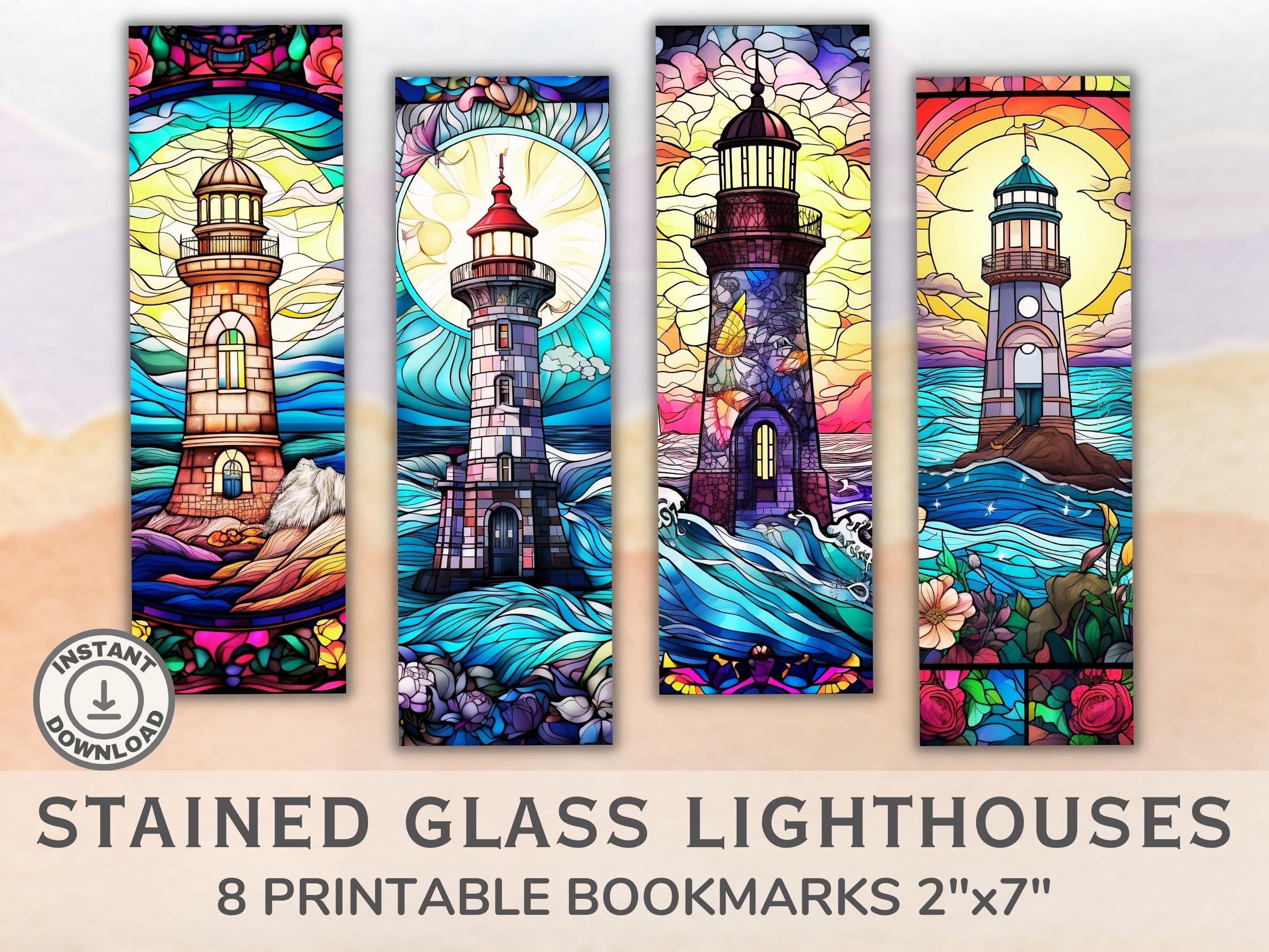 Printable Stained Glass Lighthouse Bookmarks. Watercolor Stained Glass ...