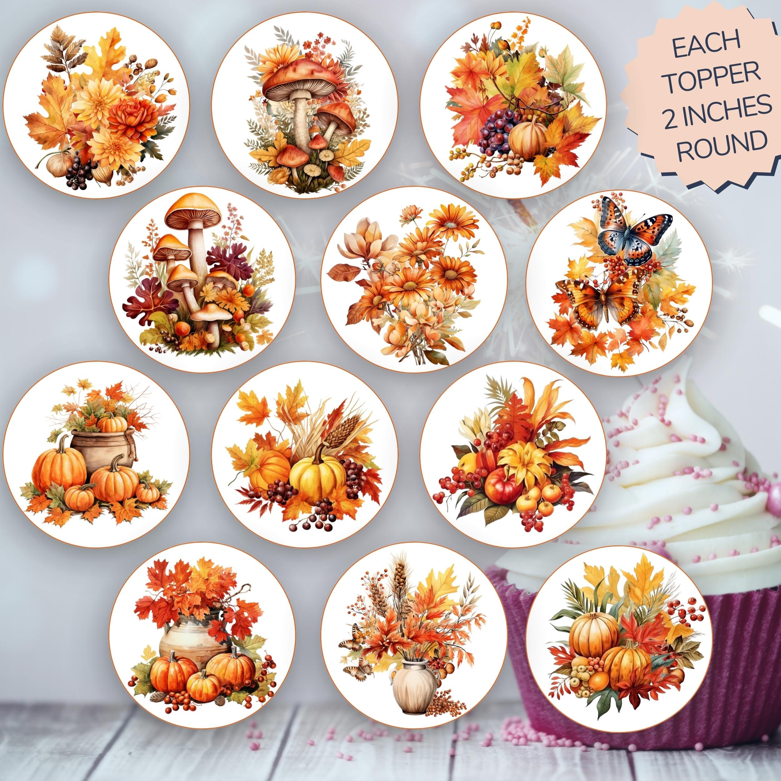 Floral Fall Cupcake Toppers: Printable Autumn Designs (digital Download ...