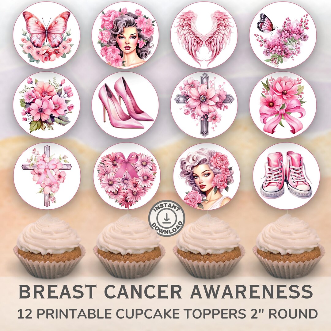 Printable Breast Cancer Awareness Cupcake Toppers. Set of 12 Fun ...