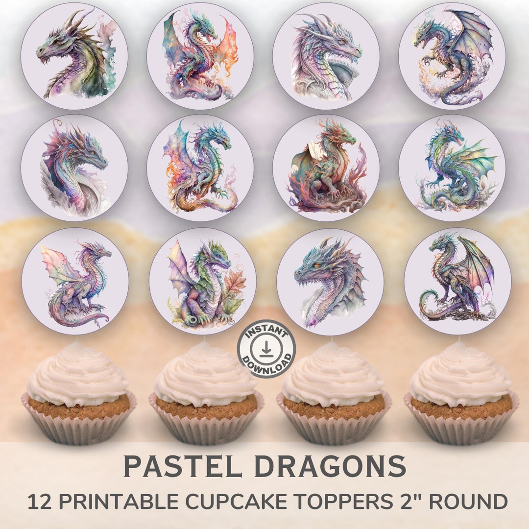 Printable Pastel Dragons Cupcake Toppers. Set of 12 Fun Designs ...