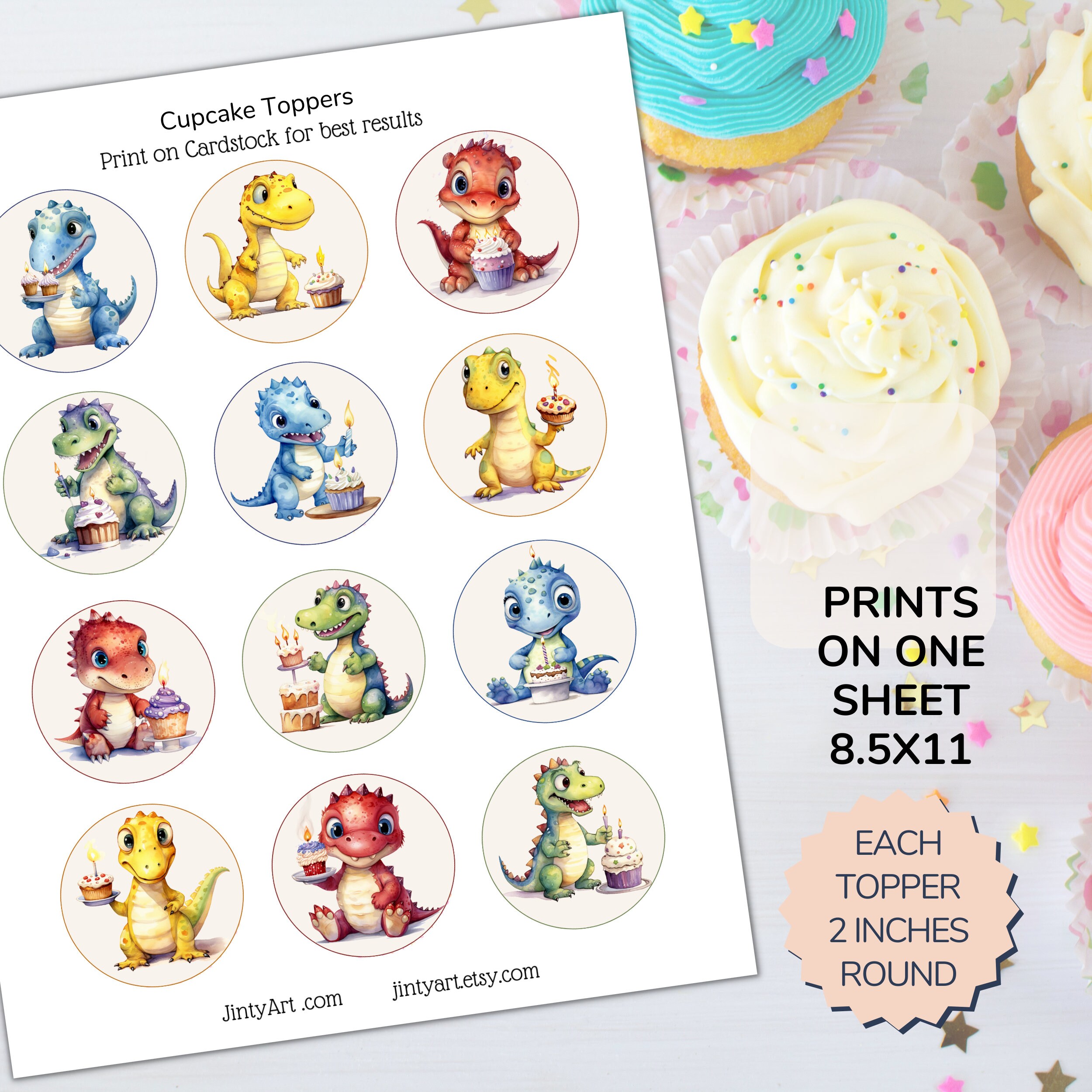 Printable Birthday Dinosaurs Cupcake Toppers. Set of 12 Fun Designs ...