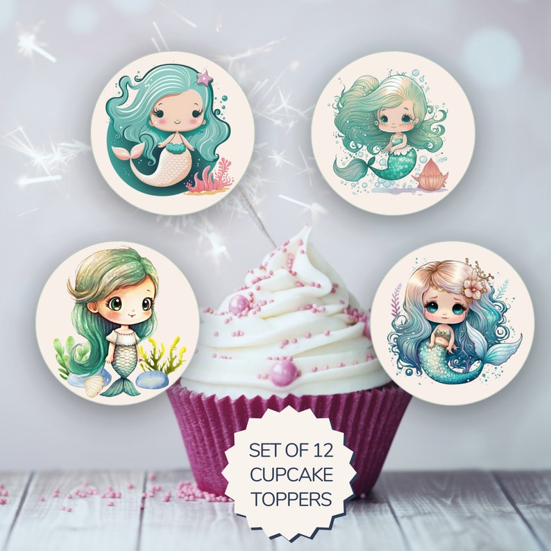 Printable Cute Mermaid Cupcake Toppers. Set of 12 Fun Designs. Under ...