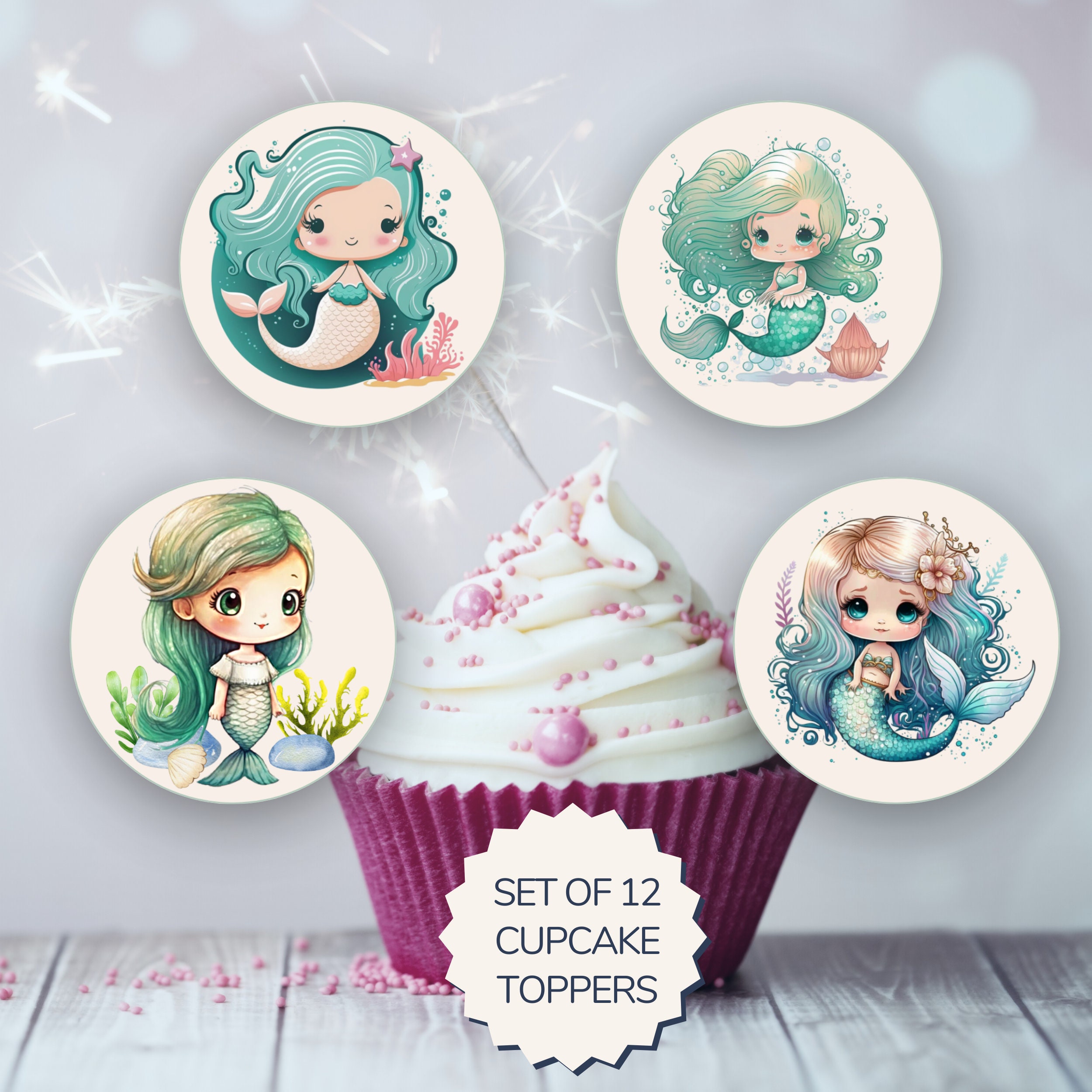 Printable Cute Mermaid Cupcake Toppers. Set of 12 Fun Designs. Under ...