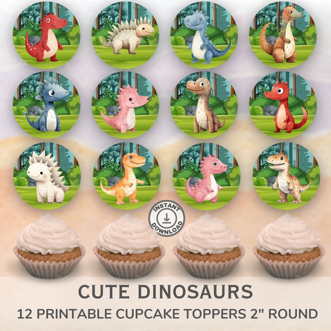 Printable Cute Dinosaurs Cupcake Toppers. Set of 12 Fun Designs ...