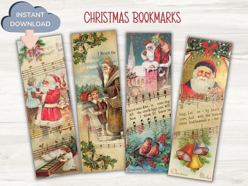 Christmas Printable Bookmarks Set of 4. Printable Vintage Christmas ...