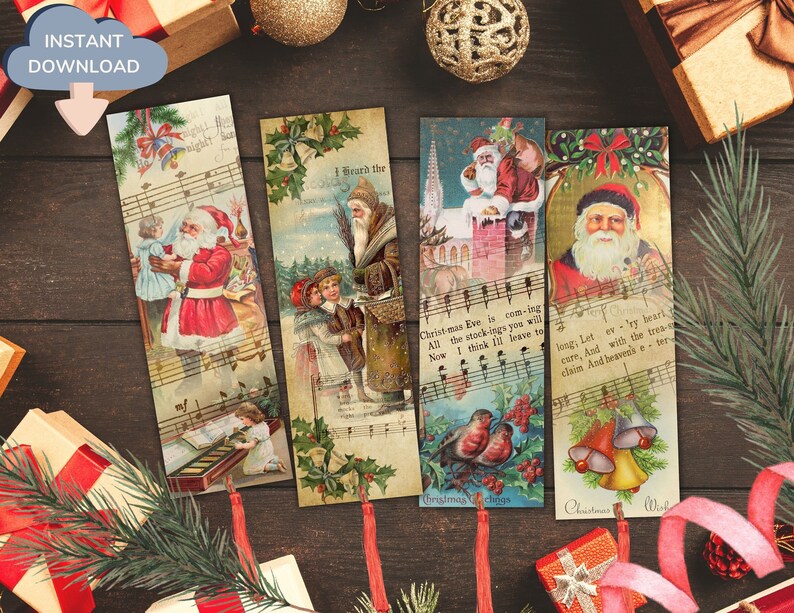 Christmas Printable Bookmarks Set of 4. Printable Vintage Christmas ...