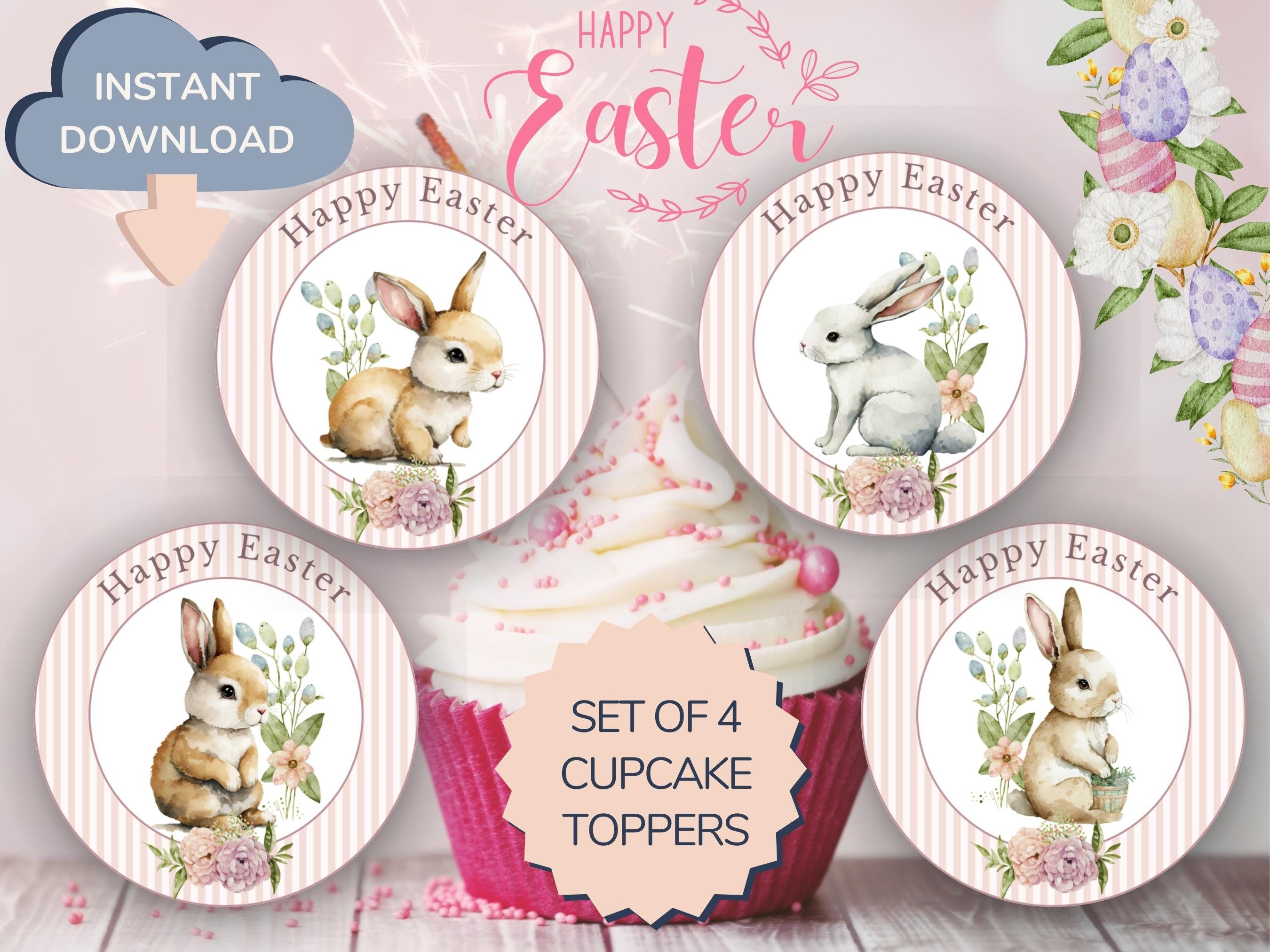 Easter Cupcake Toppers Printable, Easter Party Gift Tags, Bunny Party ...
