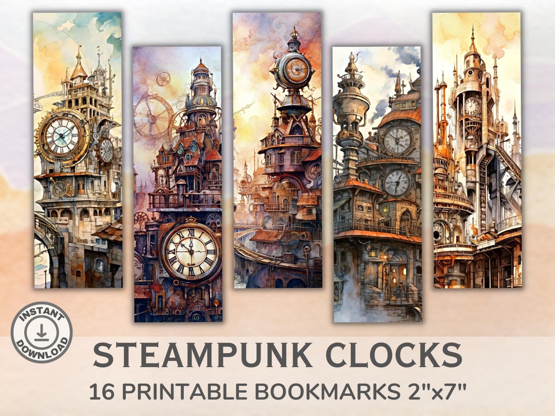 Printable Steampunk Clocks Bookmarks. Watercolor Gothic Clock Towers ...