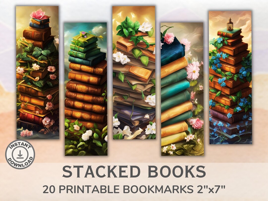Printable Stacked Books Bookmarks. Watercolor Books, Ivy and Flowers ...