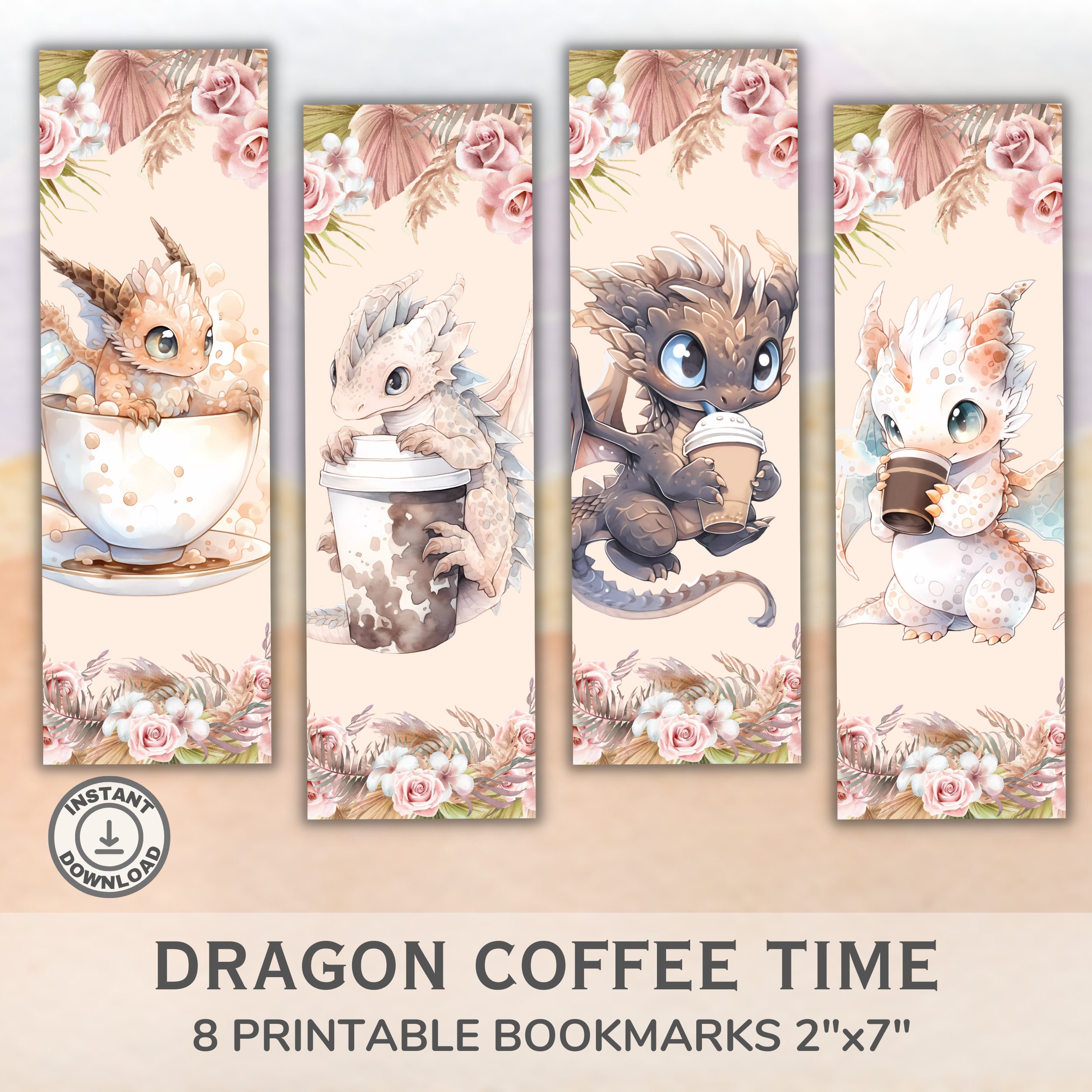 Printable Dragons Drinking Coffee Bookmarks Set of 8. Printable Cute ...