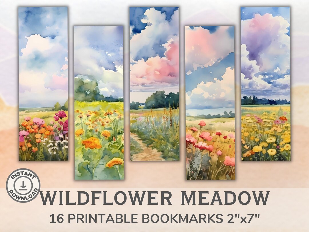 Printable Wildflower Meadow Bookmarks. Watercolor Spring Field, Clouds ...