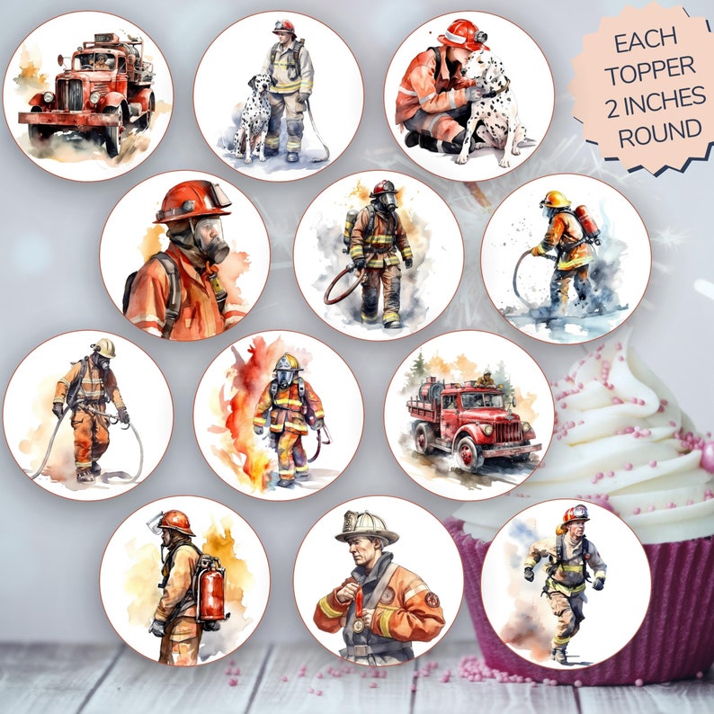 Printable Fire Fighters Cupcake Toppers. Set of 12 Fun Designs. Perfect ...