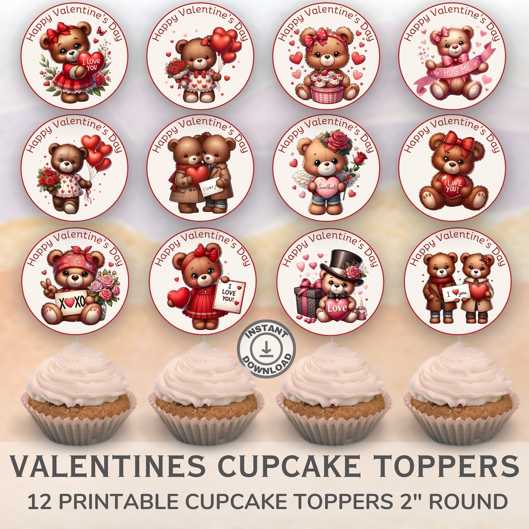 Valentine's Day Cupcake Toppers Printable. Set of 12 Fun Designs. Happy ...