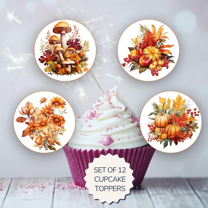 Floral Fall Cupcake Toppers: Printable Autumn Designs (digital Download ...