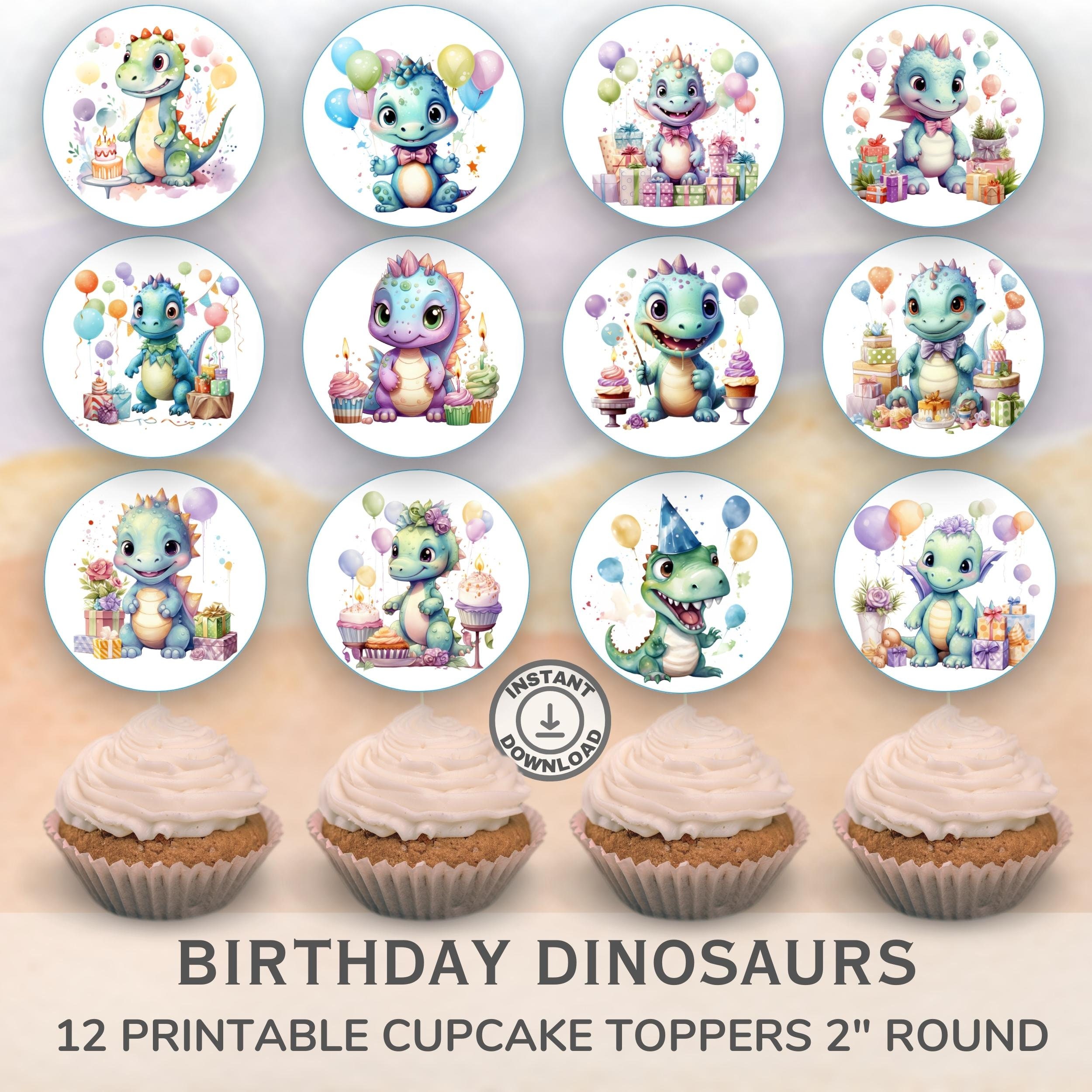 Printable Birthday Dinosaurs Cupcake Toppers. Set of 12 Fun Designs ...