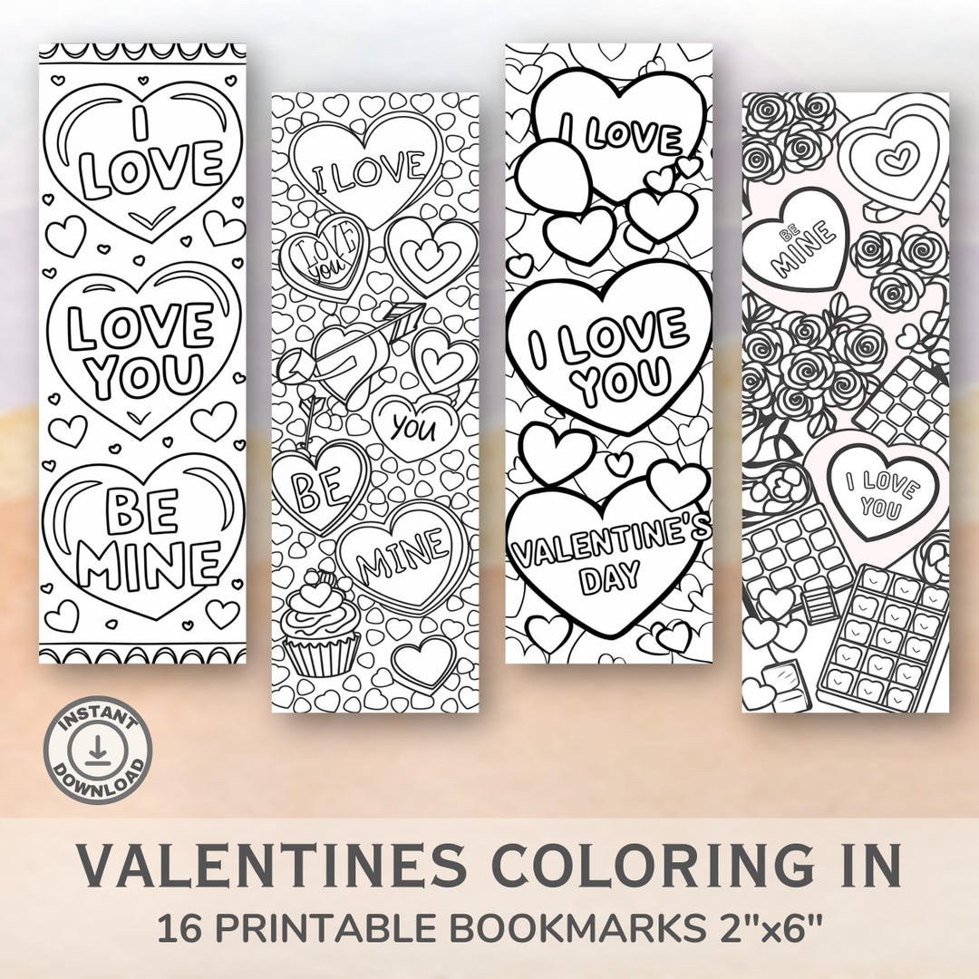 Printable Valentine's Day Coloring in Bookmarks. Perfect Kid or Adult ...