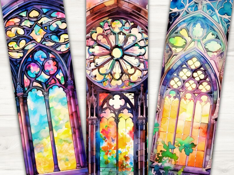 Printable Stained Glass Windows Bookmarks. Watercolor Glass and Flowers ...