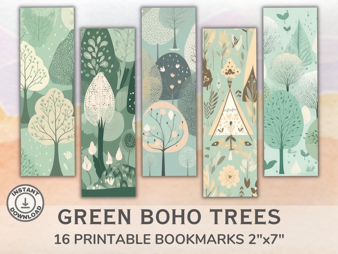 Printable Green BOHO Trees Bookmarks. Watercolor BOHO Tree Forest. Bookmark Bundle of 16 for ...