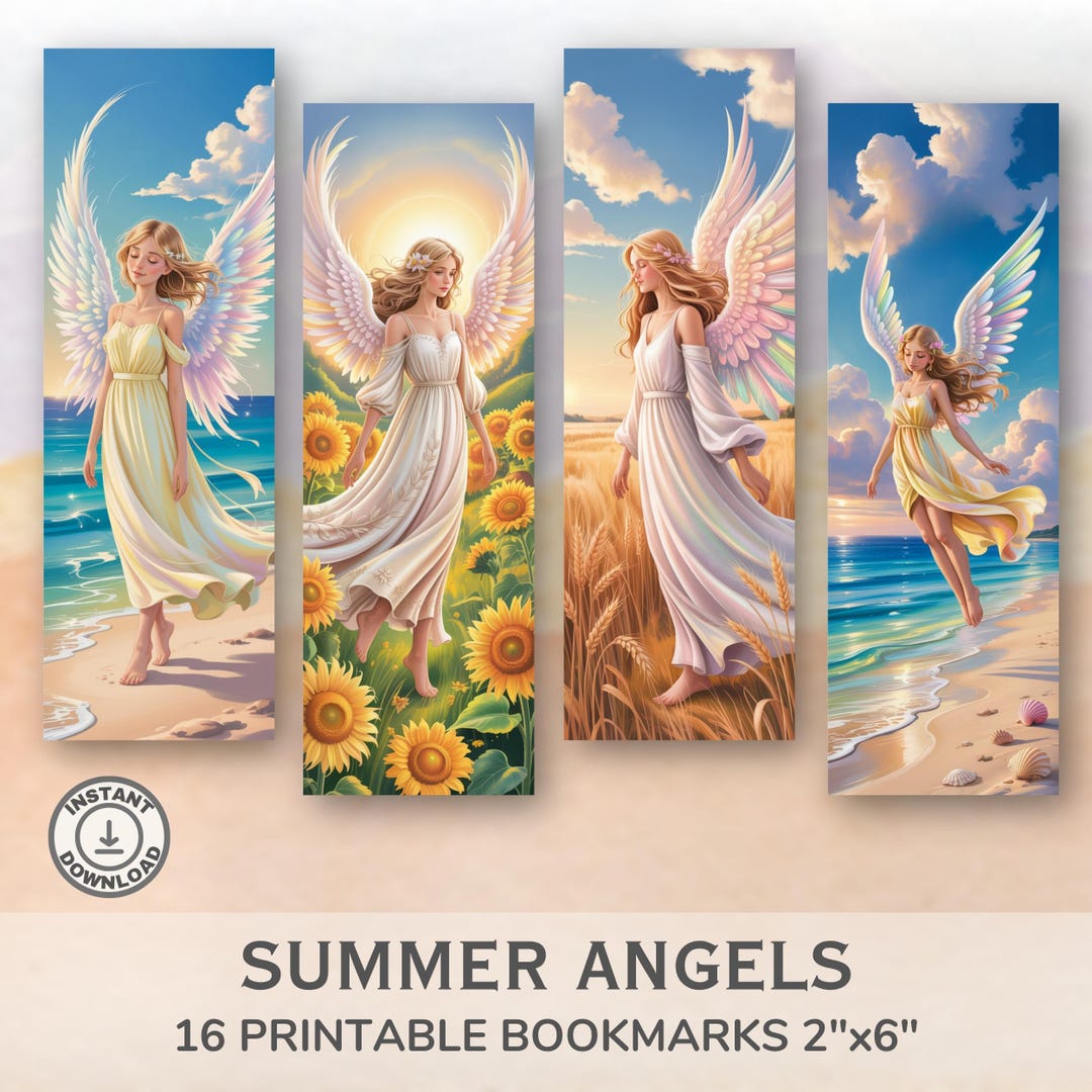 Printable Summer Angel Bookmarks. Beautiful Angels in Sunflower Fields ...