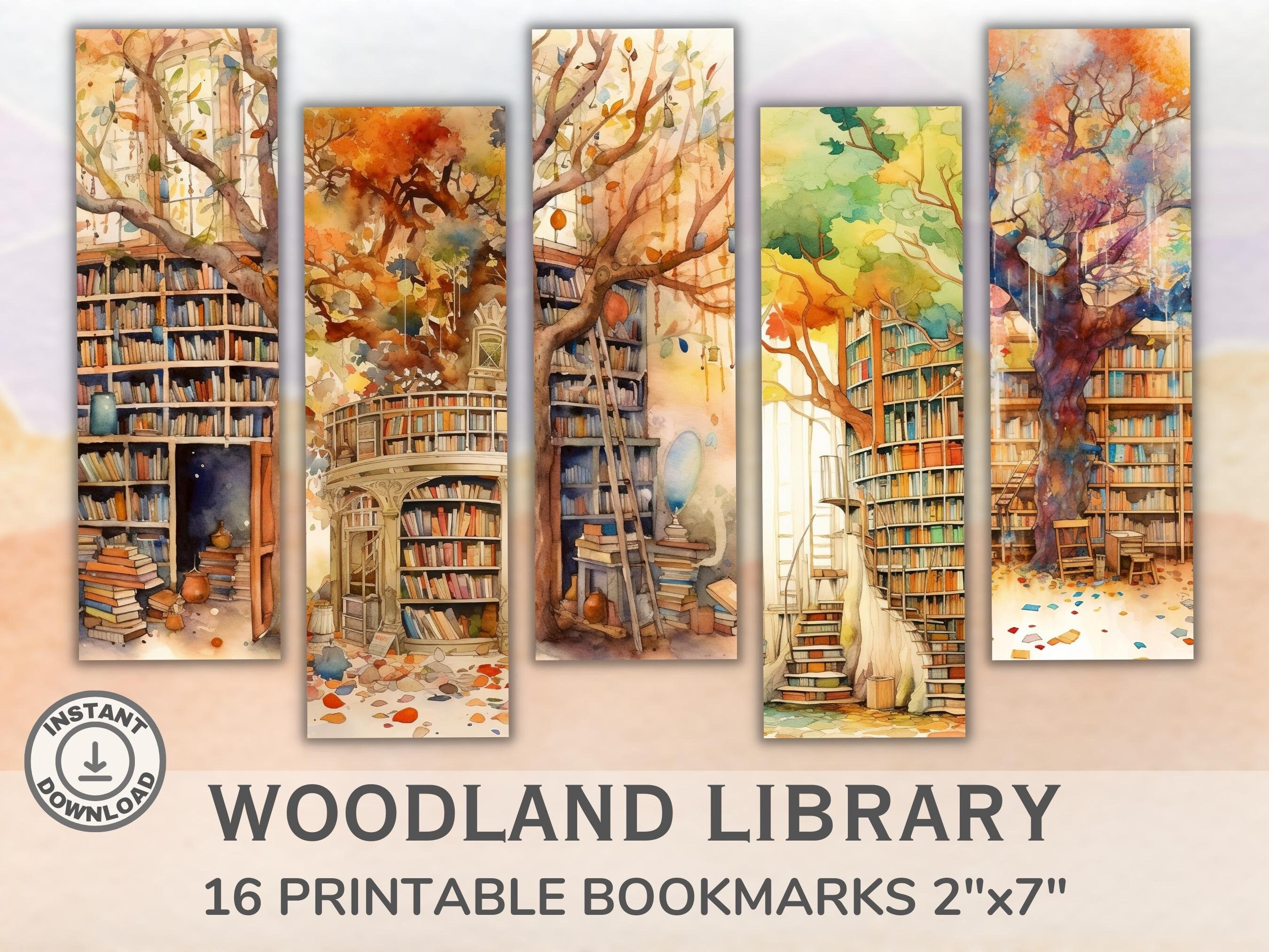 Printable Woodland Library Bookmarks. Watercolor Libraries in Autumn ...