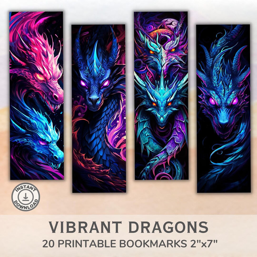 Printable Vibrant Dragons Bookmarks. Electric Pink and Blue - Etsy