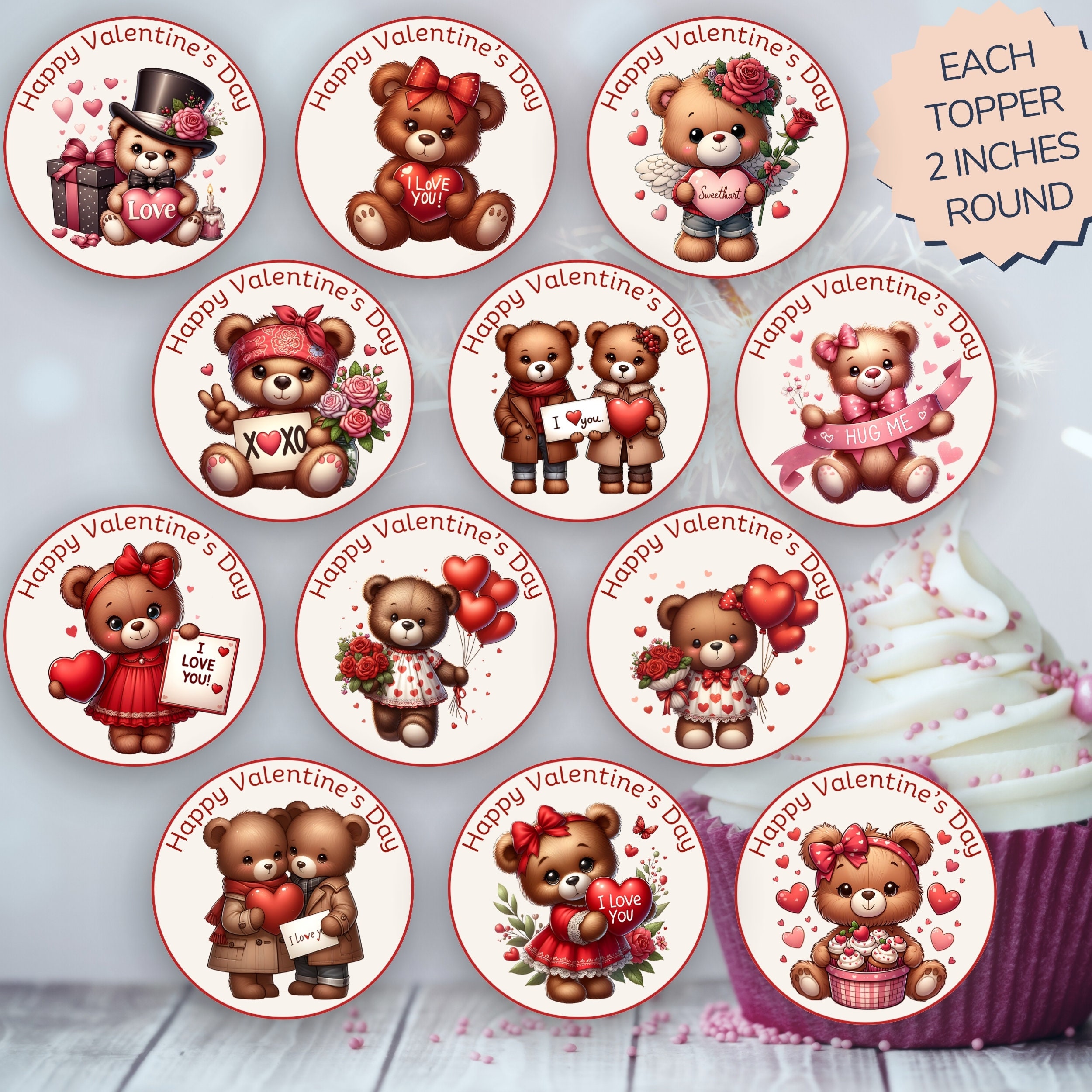 Valentine's Day Cupcake Toppers Printable. Set of 12 Fun Designs. Happy ...