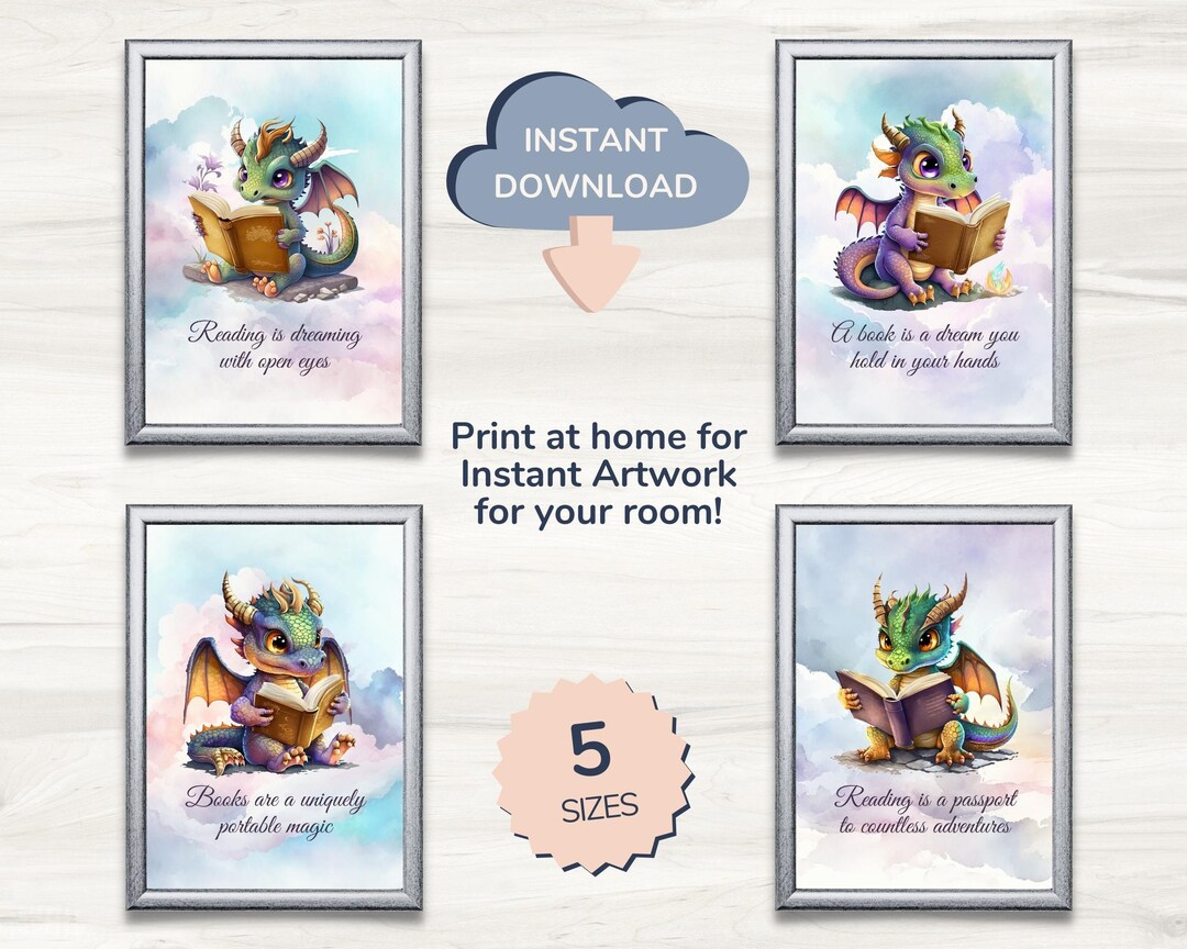 Dragon Reading Printable Wall Art Set of 4. Reader Librarian Gift ...