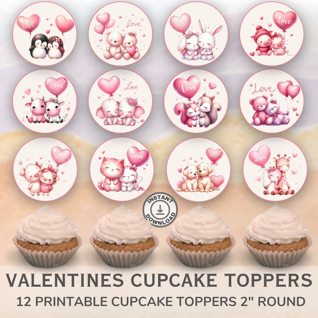 Valentine's Day Cupcake Toppers Printable. Set of 12 Fun Designs. Happy ...