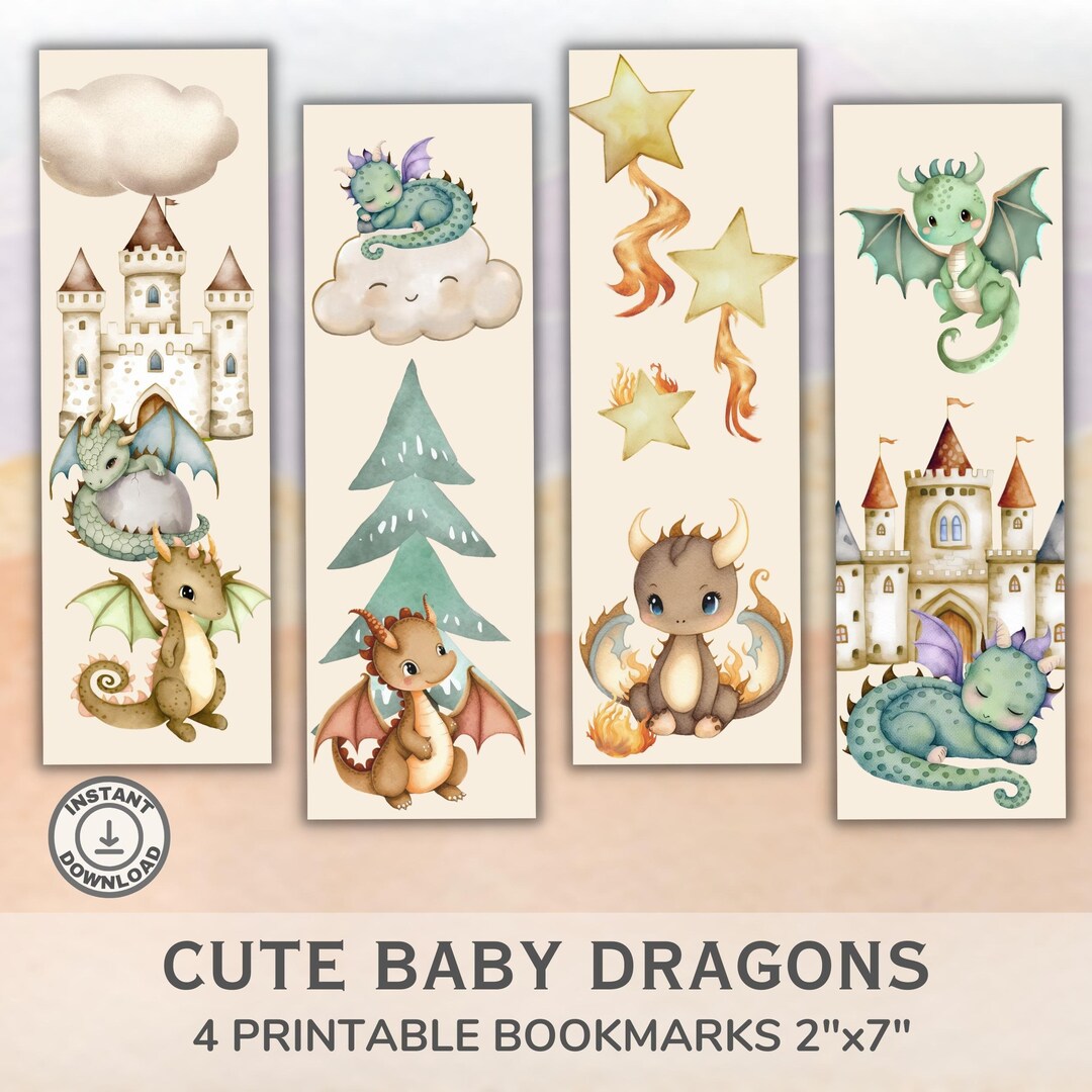 Baby Dragon Printable Bookmarks Set of 4. Printable Cute Baby Dragon ...
