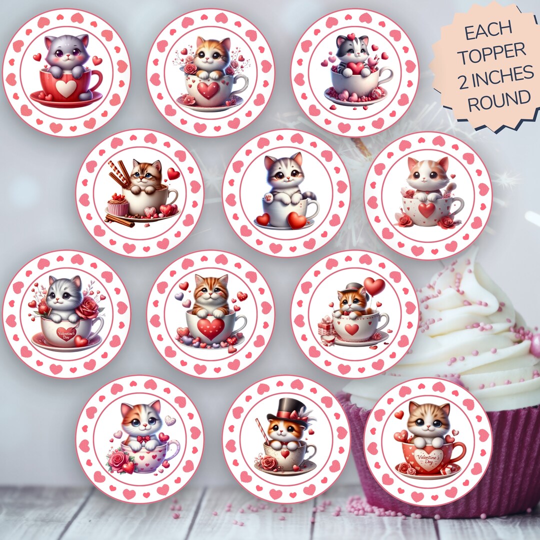 Printable Valentine's Day Kittens Cupcake Toppers. Set of 12 Fun ...