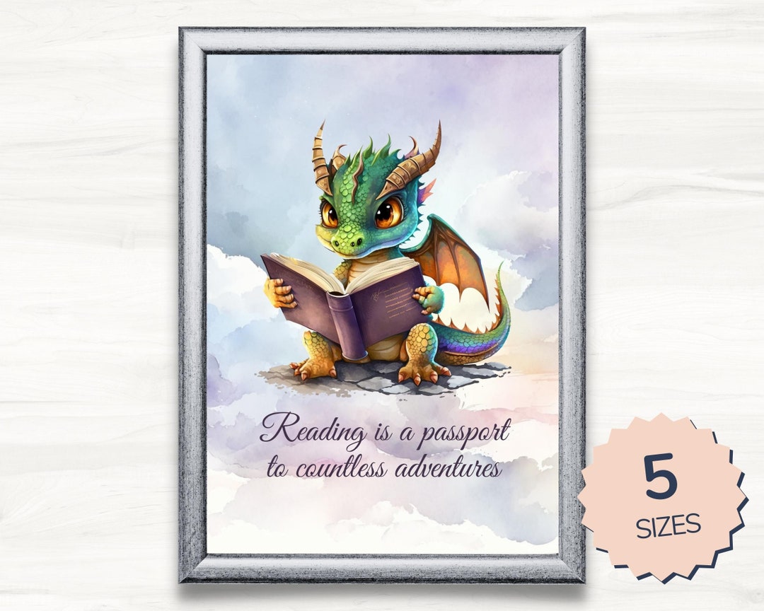 Dragon Reading Art Print. Reader Art Work. Bookworm or Librarian Gift ...